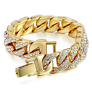 Aiyo Nice Mens Womens Cuban Link Bracelet Hip Hop Bracelet Gold Chain Bracelet Iced Out Curb Cuban 18k Gold Plated Bracelet With Clear Rhinestones (A-Gold-7.79in)