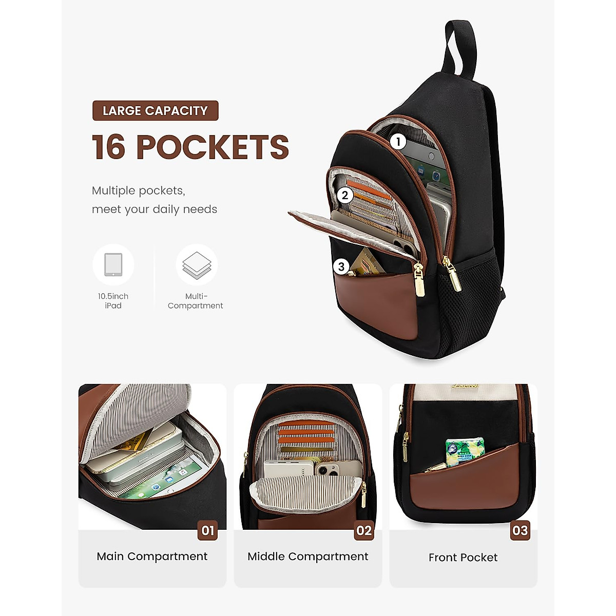 LOVEVOOK Sling Bag for Women, Sling Backpack Crossbody Bag Convertible, Small Diaper Bag Hiking Daypacks Water-resistant, Travel Shoulder Bag Chest Bag, Black Brown Beige