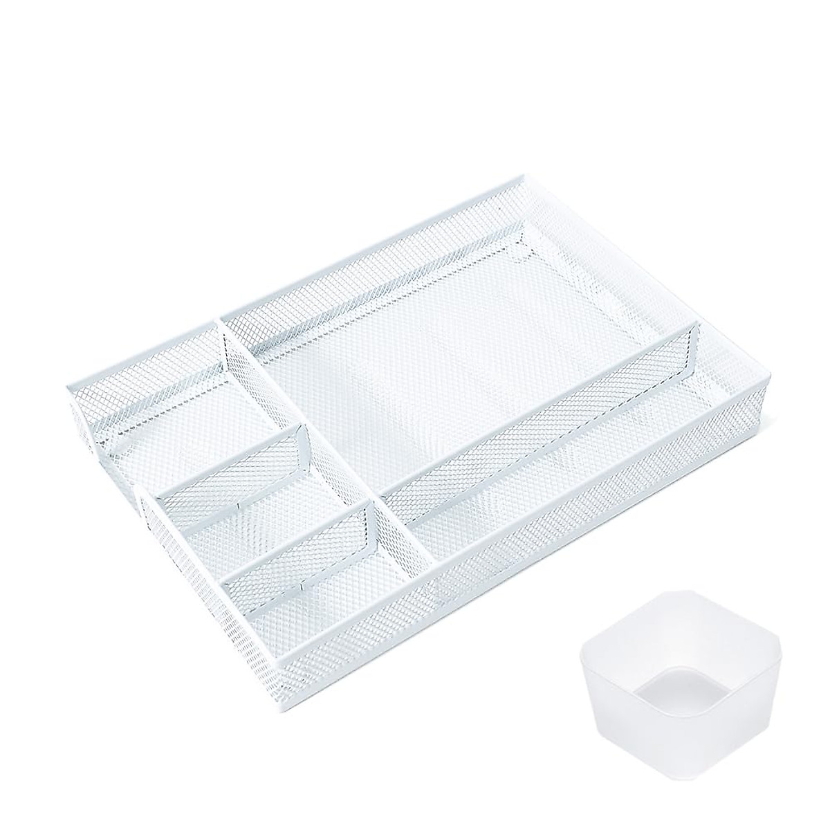 YFEEN Office Desk Drawer Organizer Tray, 5 Grid Mesh Utensil Drawer Organizer for Kitchen Drawer Silverware Tray& 1 piece of Plastic Drawer Organizer Kitchen Drawer Multi-use Storage Box,White