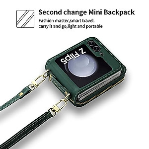 EAXER for Samsung Galaxy Z Flip 5 Case, Shockproof PU Wallet Folding Case Leather Zipper Crossbody Strap Cover (Green)