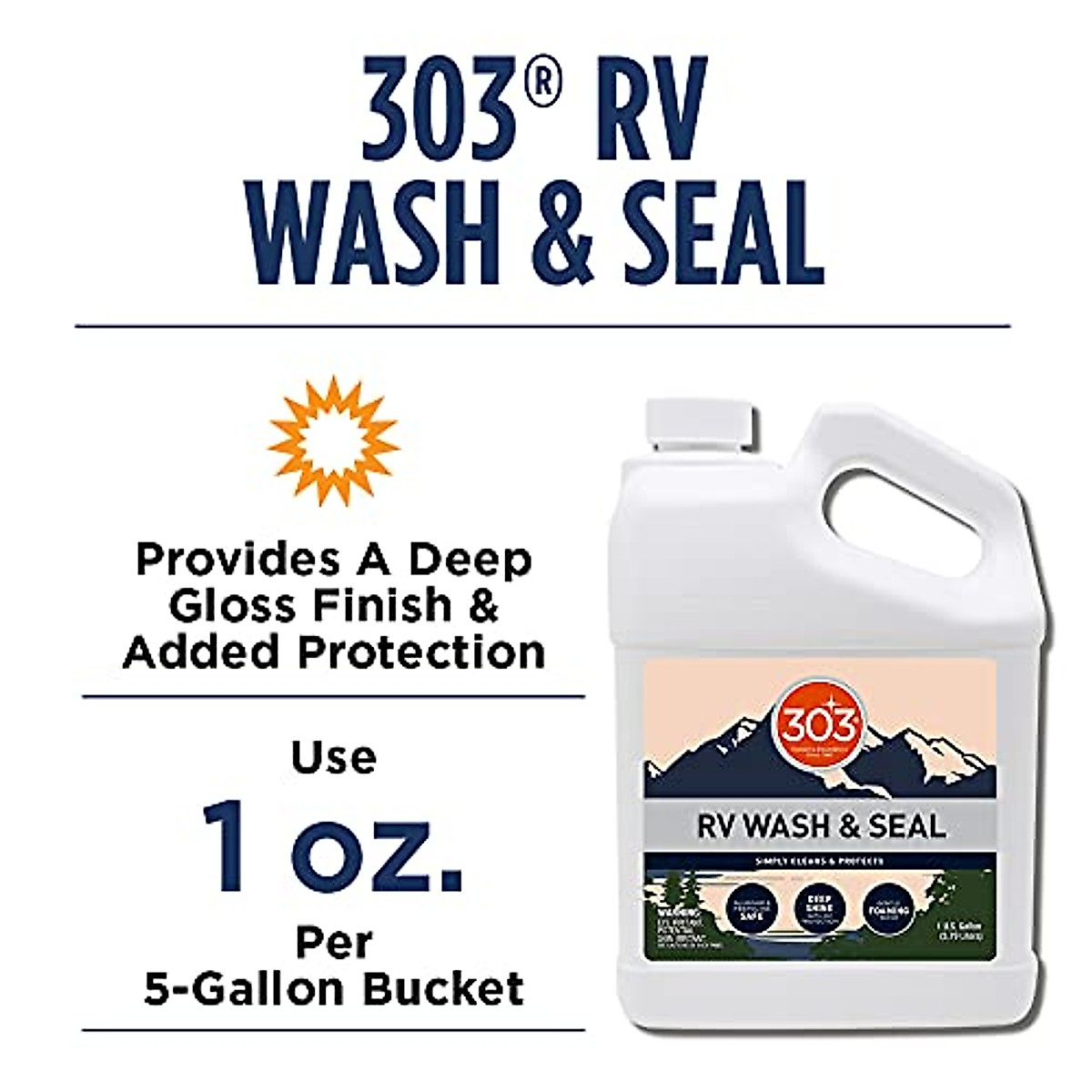 303 Products RV Wash & Seal - Clean, Streak-Free Finish, pH Neutral with High Foaming Formula, Provides A Deep Gloss Finish on RVs, Campers, Pop-ups, and Motorhomes, 1 Gallon (30240)