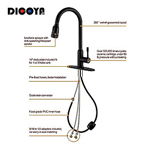 DICOYA Kitchen Faucets with Pull Down Sprayer, 4 Function Sprayer, Power Rinsing, Easy Clean, Water Saving, 304 Stainless Steel, Kitchen Sink Faucet, Single Lever, Gooseneck, Deck Plate, Black Matte