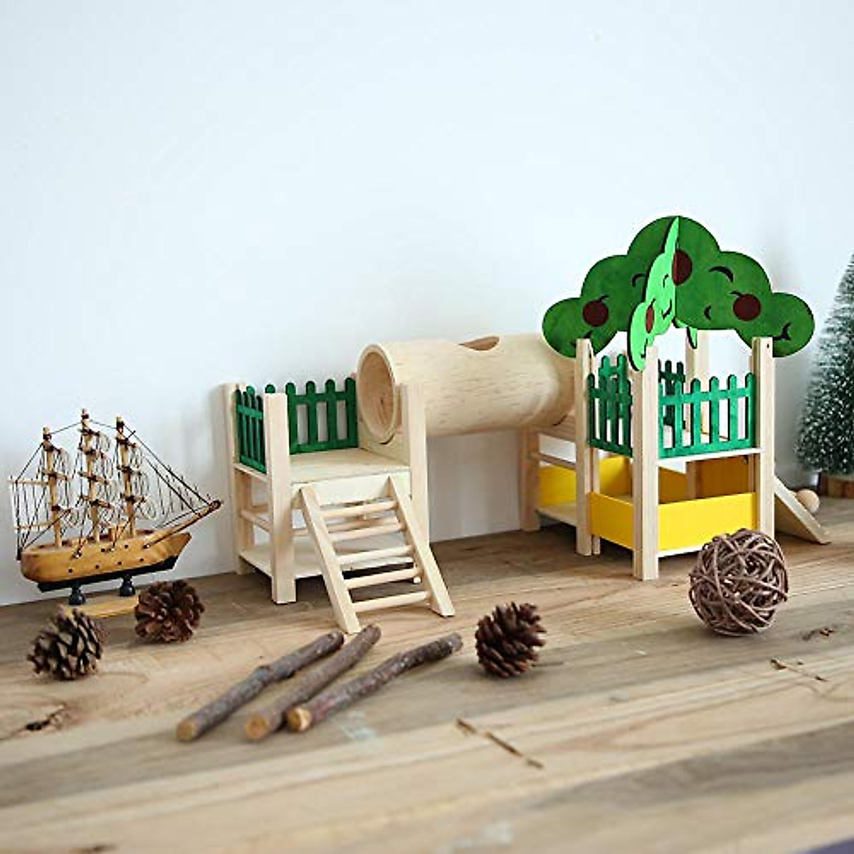 Hamster Houses and Hideouts, Rat Playground Activity Platform Villa with Tube Tunnel Climbing Ladder Natural Wooden Toys Fences and Roofs for Dwarf Mouse, Gerbil,Sugar Glider or Other Small Animals