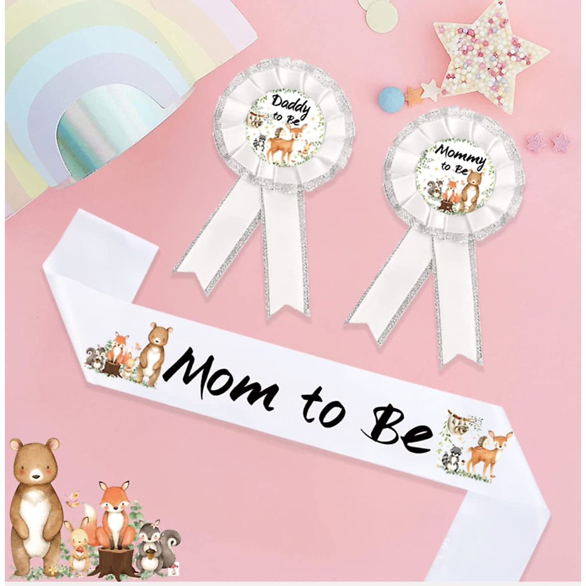 AICHENGZI Woodland Creatures Baby Shower Sash Mom to Be & Daddy To Be Corsage Party Decorations