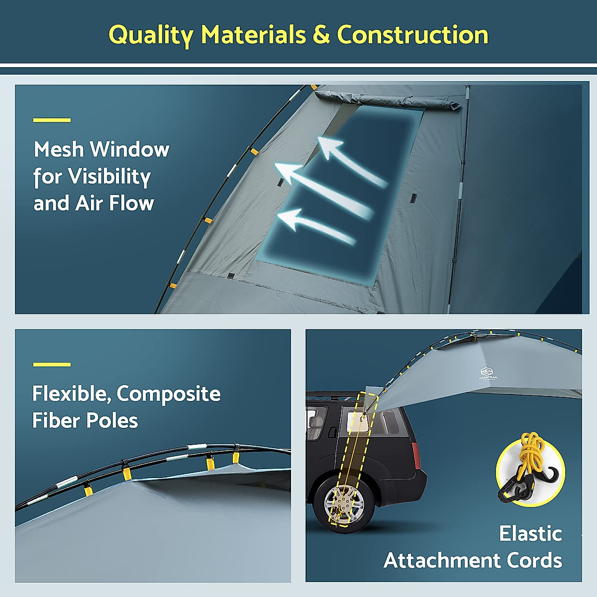 Coastrail Outdoor Car Canopy Sun Shade with Side-Wall, SUV Awning Car Rear Tent Portable Camping Shelter for Tent Campers, Sun Shelter Attach to Truck Van RV Jeep,Grey,Extra Large