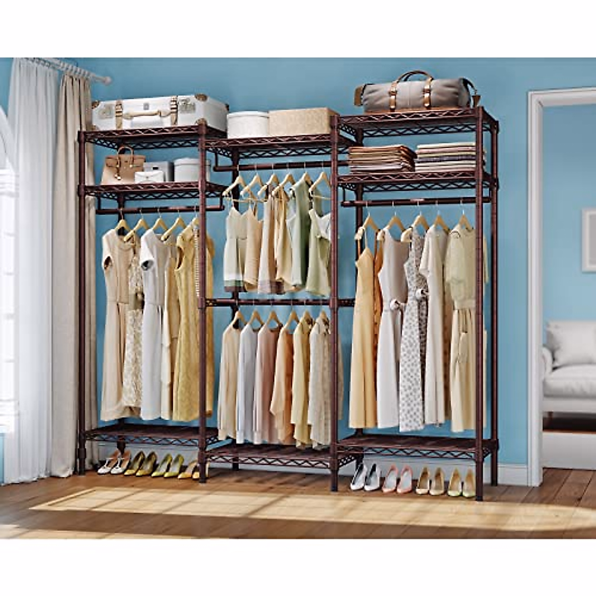 VIPEK V5i Garment Rack Heavy Duty Clothes Rack, Portable Closet Wardrobe Bedroom Armoires Freestanding Clothing Rack with 8 Adjustable Shelves & 4 Hang Rods, 68.9" L x 15.7" W x 76.4" H, Bronze