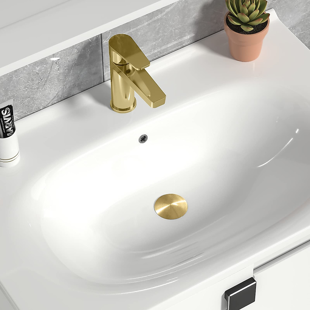 SINGSUO Pop Up Drain Stopper for Bathroom Sink, Pop Up Sink Drain with Detachable Basket Stopper, Basin Pop-up Drain Filter, Vessel Sink Drain Assembly (Brushed Gold)