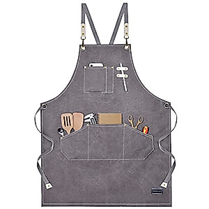 SHAWNTOO Chef Aprons for Men Women with Large Pockets, Cotton Canvas Cross Back Heavy Duty Adjustable Work Apron,Kitchen Cooking M-XXL