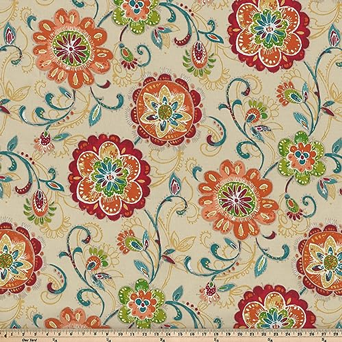 Pillow Perfect Bright Floral Indoor/Outdoor Sofa Setee Bench Swing Cushion with Ties Tufted, Weather, and Fade Resistant, 18" x 56", Tan Fanfare