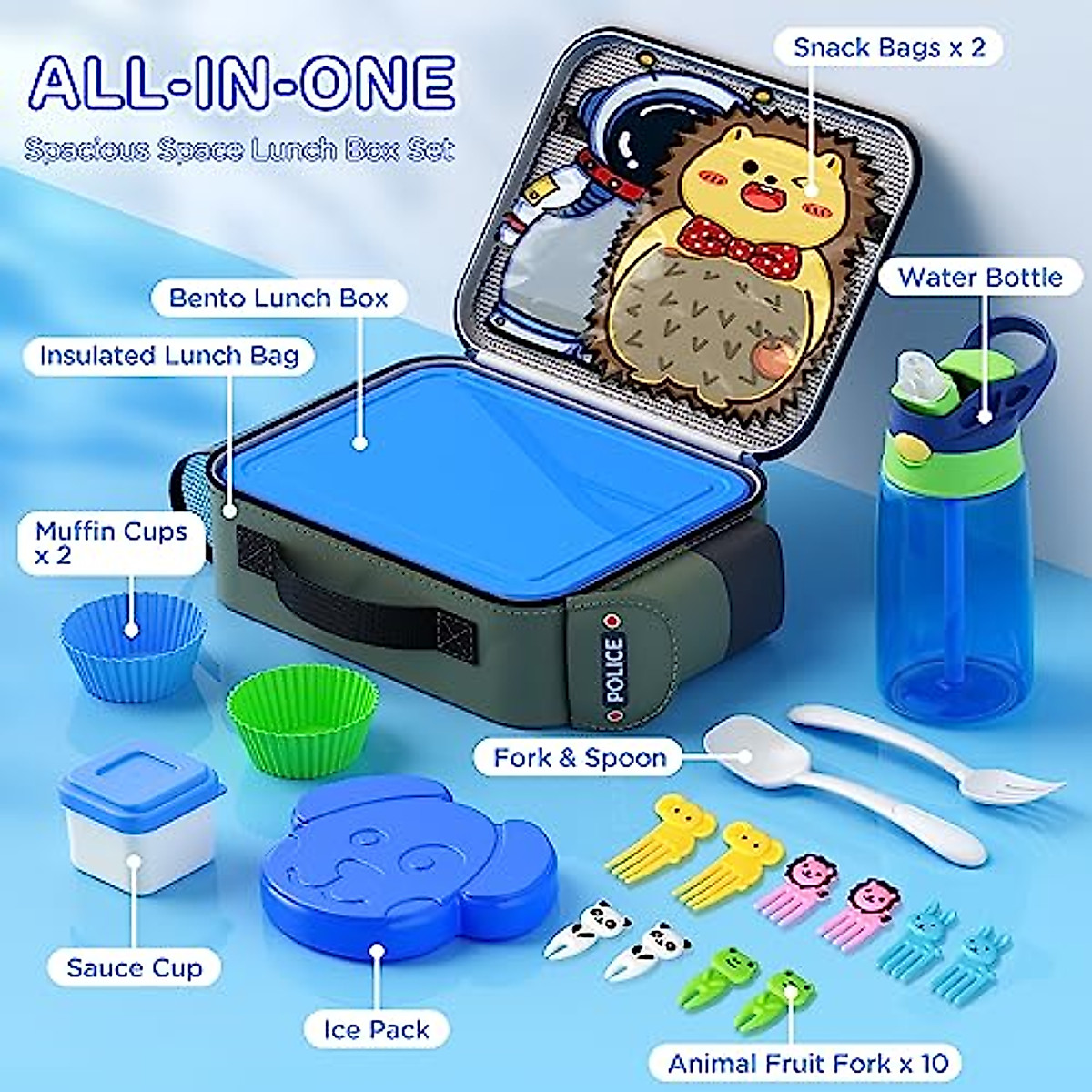 TIME4DEALS Kid Bento Lunch Box Set, Insulated Lunch Bag with 6 Compartment Bento Box Ice Pack Water Bottle Muffin Cup Spoon Snack Container Kids School Lunch Supplies Ideal for 7-16 (Black Police Car)