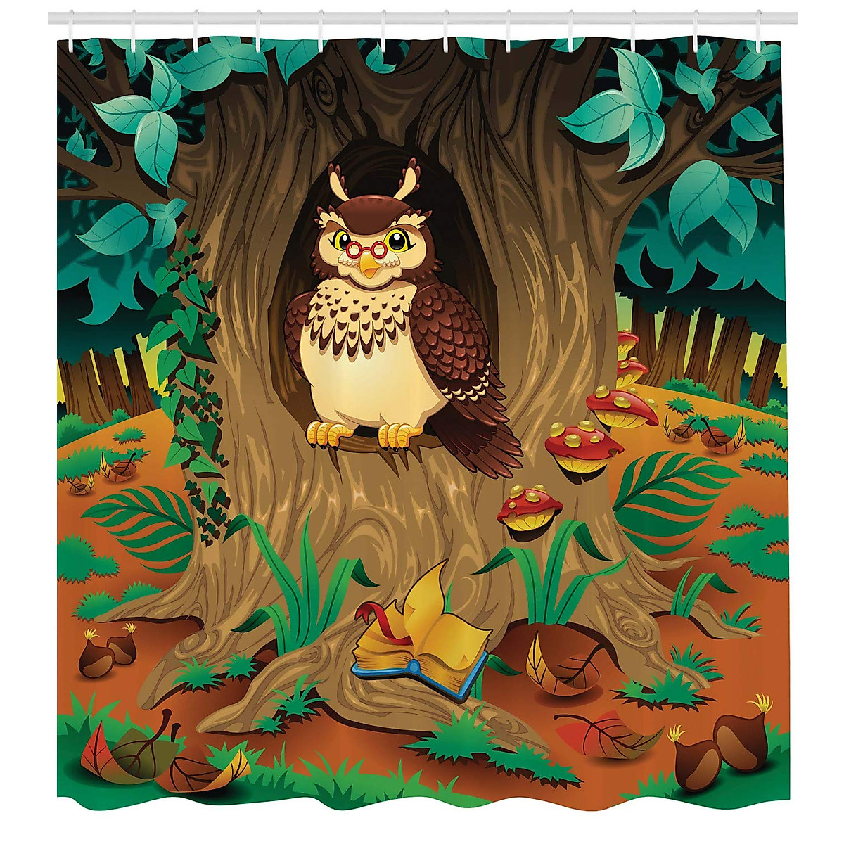 Ambesonne Owl Shower Curtain, Old Wise Nanny Grandma Owl in The Chestnut Tree Hallow Looking Through Sage Character, Cloth Fabric Bathroom Decor Set with Hooks, 69" W x 70" L, Multicolor