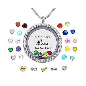 Veeshy A Mothers Love Has No End Floating Locket Necklace Pendant with Charms & 24PCS Birthstones, Mother's Day Birthday Xmas Gifts