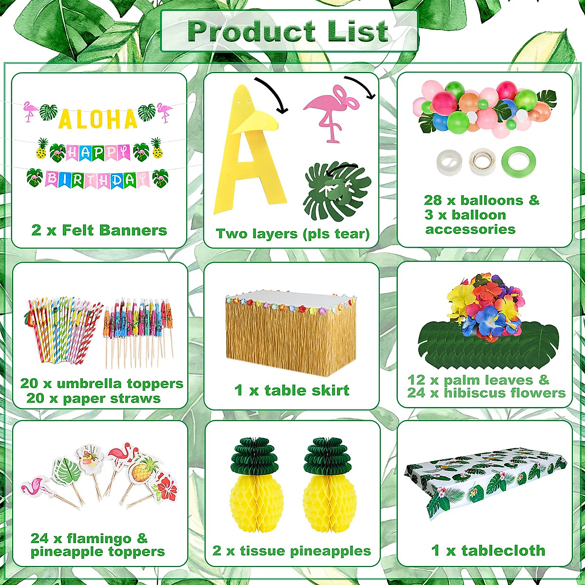 Tropical Luau Party Decoration Pack Hawaiian Beach Theme Party Flamingo Pineapple Décors Multi Scene Luau Party Supplies (135pcs) Happy Birthday & Aloha Felt Banner Table Skirt Disposable Tablecloth