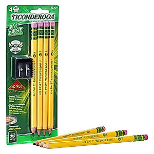 TICONDEROGA My First Pencils, Wood-Cased #2 HB Soft, Pre-Sharpened with Eraser, Includes Bonus Sharpener, Yellow, 5 Piece (Pack of 1)(33309)
