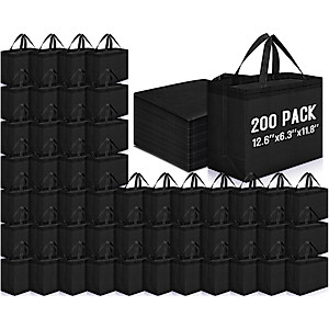 Windyun 200 Pcs Reusable Grocery Bags 12.6 x 11.8 x 6.3 Inches Large Non Woven Shopping Bags Foldable Portable Tote Bags Bulk (Black)