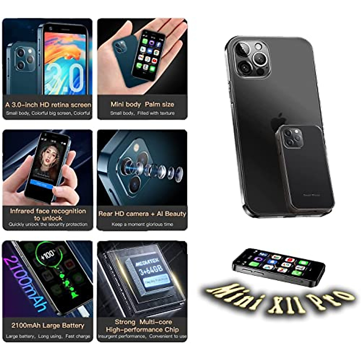 Mini Smartphone iTiny 12 Pro Max - The World's Smallest 12 Pro Max 4G LTE Android Mobile, Super Small 3" HD TouchScreen Global Unlocked Great for Kids 3GB RAM / 32GB ROM Tiny iPhone XII Pro Look Alike