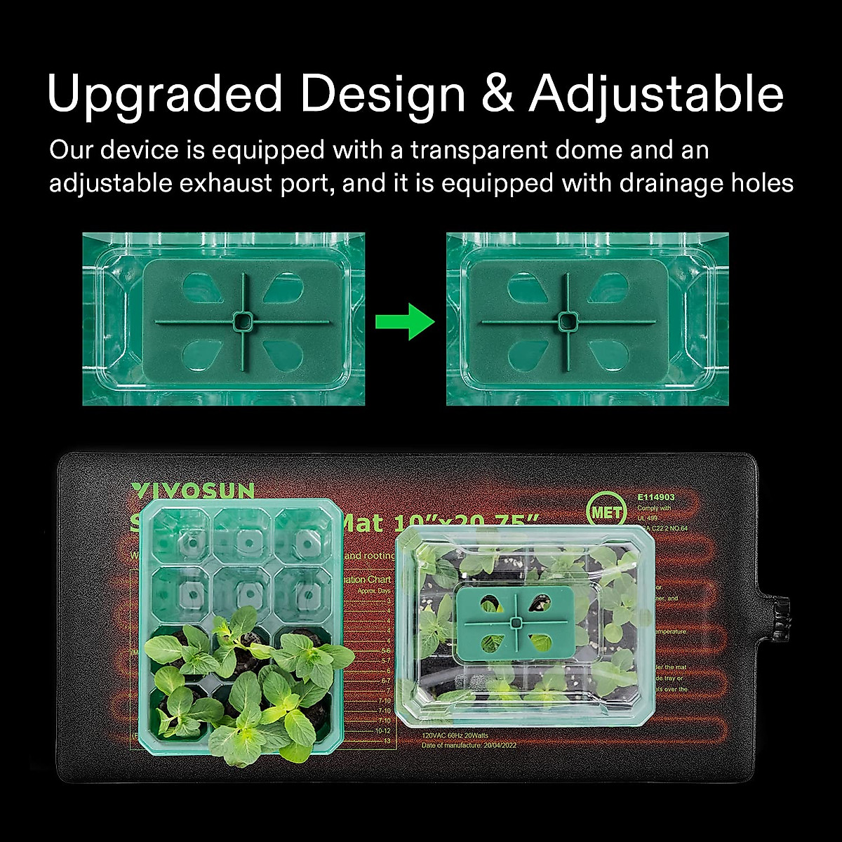 VIVOSUN 2 Pack Durable Waterproof Seedling Heat Mat Warm Hydroponic Heating Pad and 12-Pack Seed Starter Trays, 144-Cell Seed Starter Kit with Humidity Dome