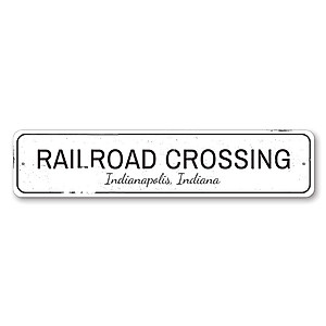 Railroad Crossing Sign, City State Train Sign, Train Station Decor, Custom Man Cave Aluminum Sign - 4" x 18"