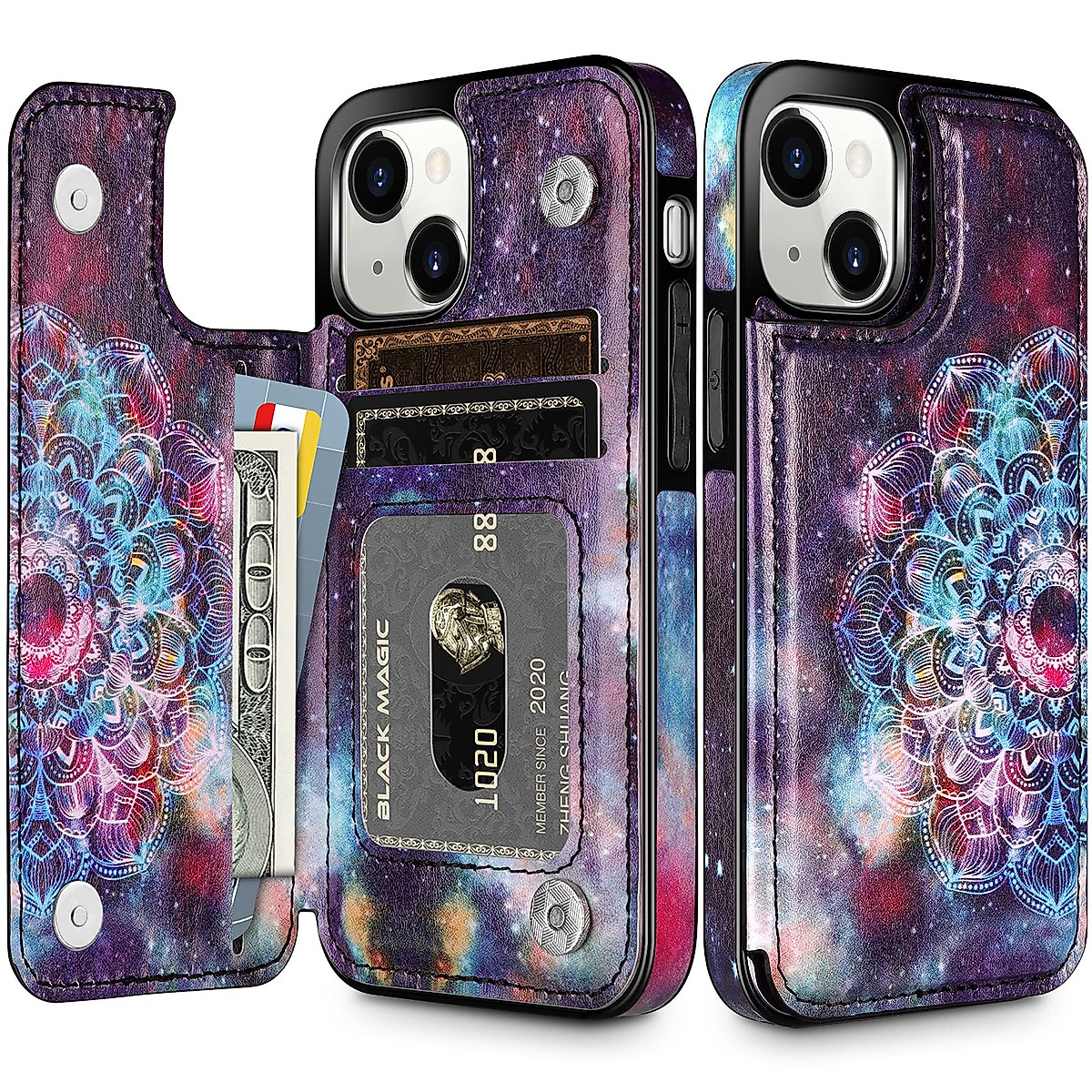 HianDier Compatible with iPhone 15 Case with Card Holder Wallet Case for Women Men Flip PU Leather Kickstand Protective Case Magnetic Closure Shockproof Case Cover for iPhone 15 Phone Case, Mandala