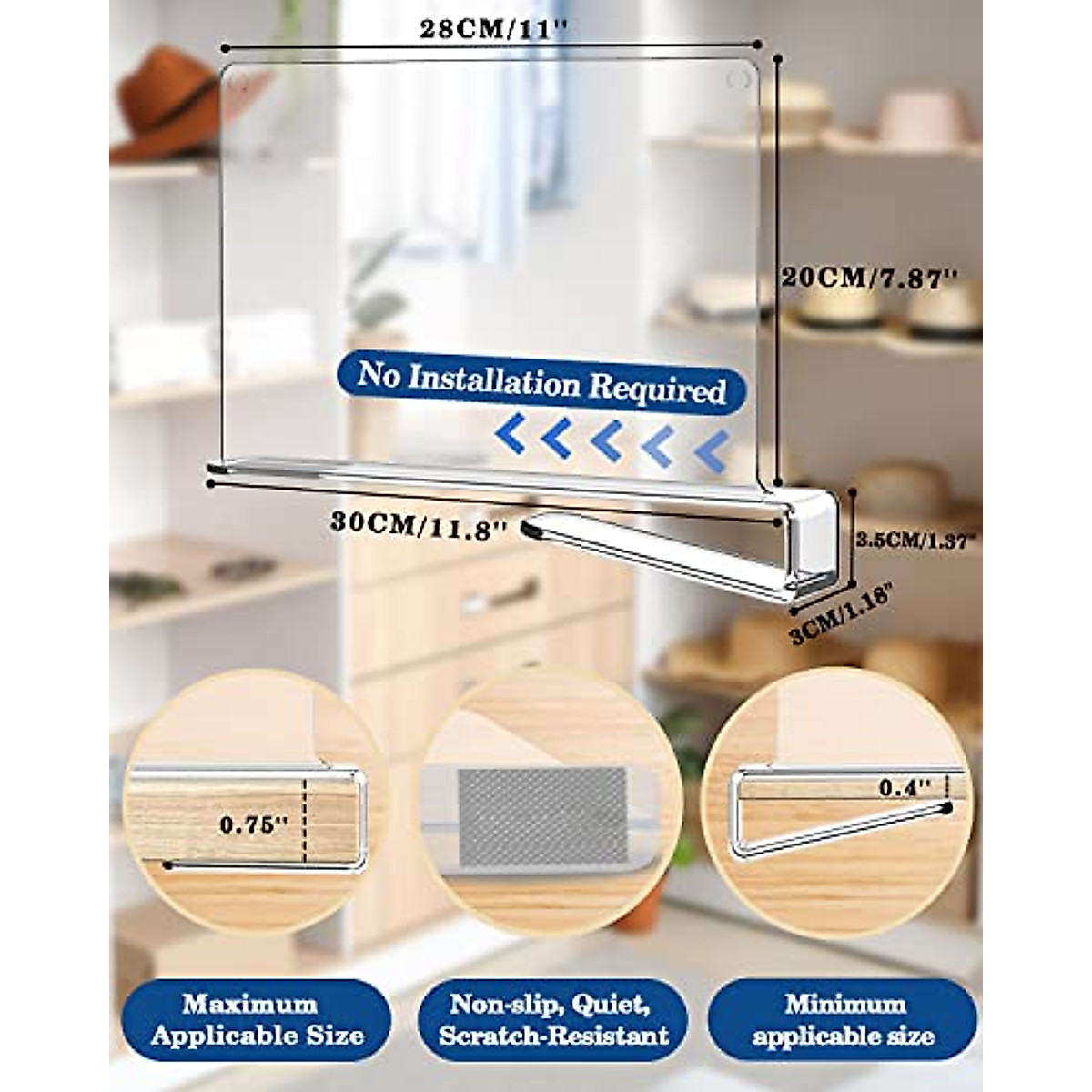 MOVNO Shelf Dividers for Closet Organization 6 Pack, Acrylic Shelf Dividers Separator, Clear Closet Dividers, Adjustable Plastic Shelve Divider for Bedroom, Kitchen, Office, Cabinets, Bathroom