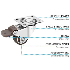 1-inch Casters Set of 4, Small Low Profile Caster with locking Brake & 360° Plate, Total Loads of 100 LB Furniture Transfers Castor Wheels, Rubber Wheel to Protect The Floor or Carpet from Scratches.