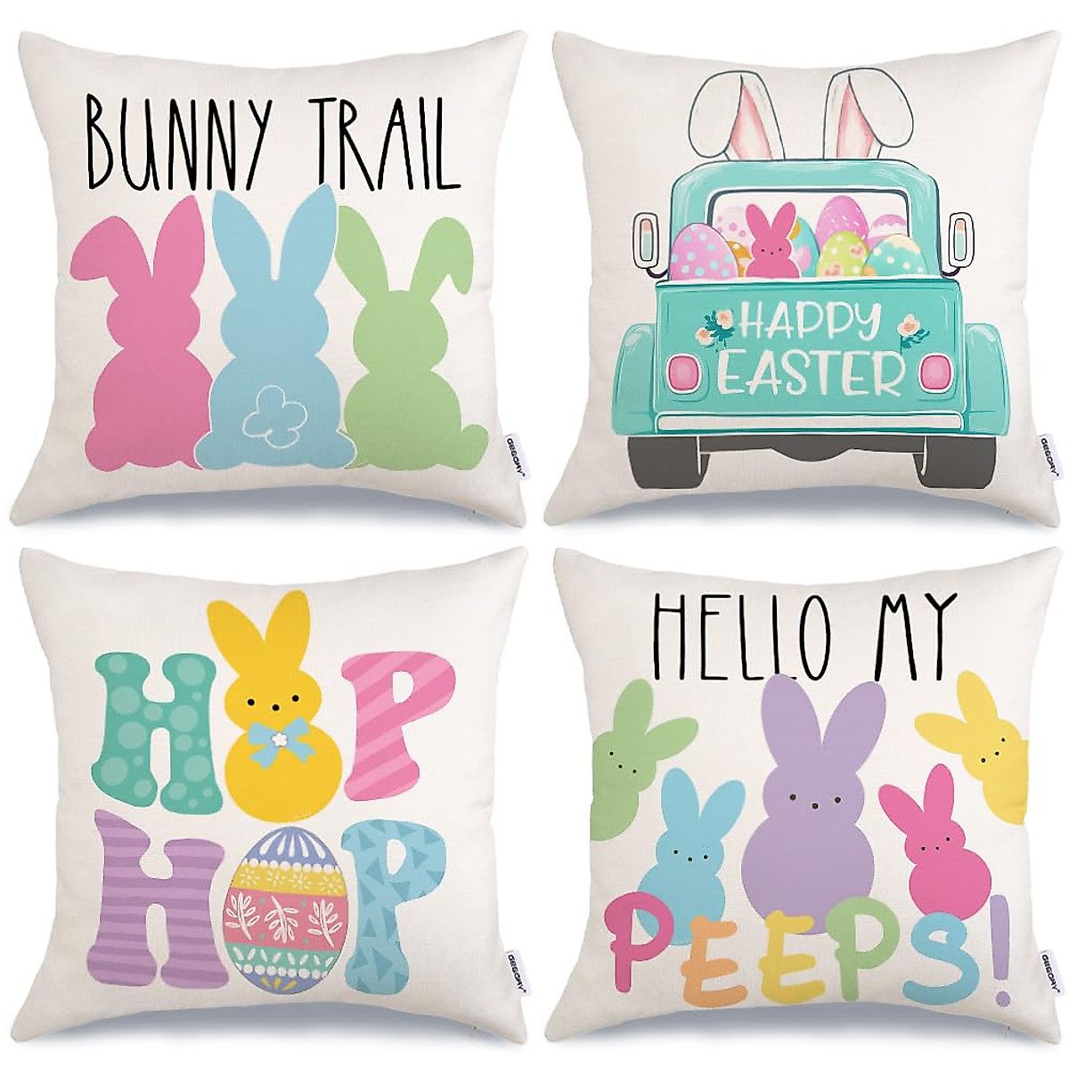 GEEORY Easter Pillow Covers 18x18 Set of 4 Easter Decorations for Home Bunny Truck Hello Peeps Hip Hop Pillows Easter Decorative Throw Pillows Spring Easter Farmhouse Decor