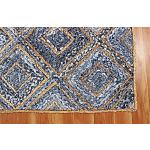 CASAVANI Indian Hand Braided Rag Rug Geometric Blue & Beige Cotton Chindi & Jute Rug Best Uses for Living Room,Hallway Runner Rug,Stair Runner Rug & Kitchen 2.6x8 2.6x10 8x11 Feet