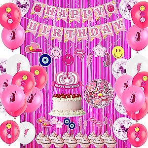 114 Pcs Preppy Birthday Decorations, Preppy Party Decorations, Preeppy Happy Birthday Banner, Preppy Balloons, Cute Preppy Stickers Hanging Swirls Cupcake Toppers Sparkling Fringe Curtain
