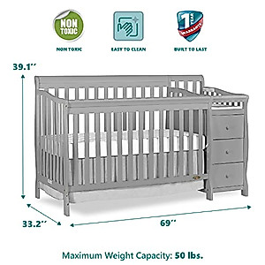 Dream On Me 5 In 1 Brody Convertible Crib With Changer In Pebble Grey, Greenguard Gold Certified, Comes With 1" Changing Pad, Non-Toxic Finish, Made Of Durable Pinewood
