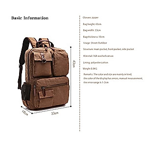 19 Inch Multi-Pocket Canvas Backpack,Men'S Canvas Bag Outdoor Business Travel Backpack Laptop Bag,Khaki,43 * 33 * 10(cm)