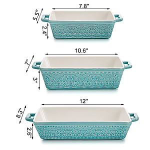 Hacaroa Set of 3 Ceramic Baking Dishes, Rectangular Bakeware with Handles, Elegant Casserole Dish Set Lasagna Pan for Baking, Cooking, Cake Dinner, Banquet, Lake Blue, 3 Sizes
