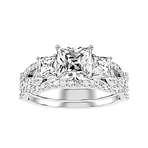 1.7 CT 3-Stone Princess Cut Bridal Set Moissanite engagement rings for women 10K 14k 18K gold ring Platinum Plated Silver Princess moissanite rings -4105