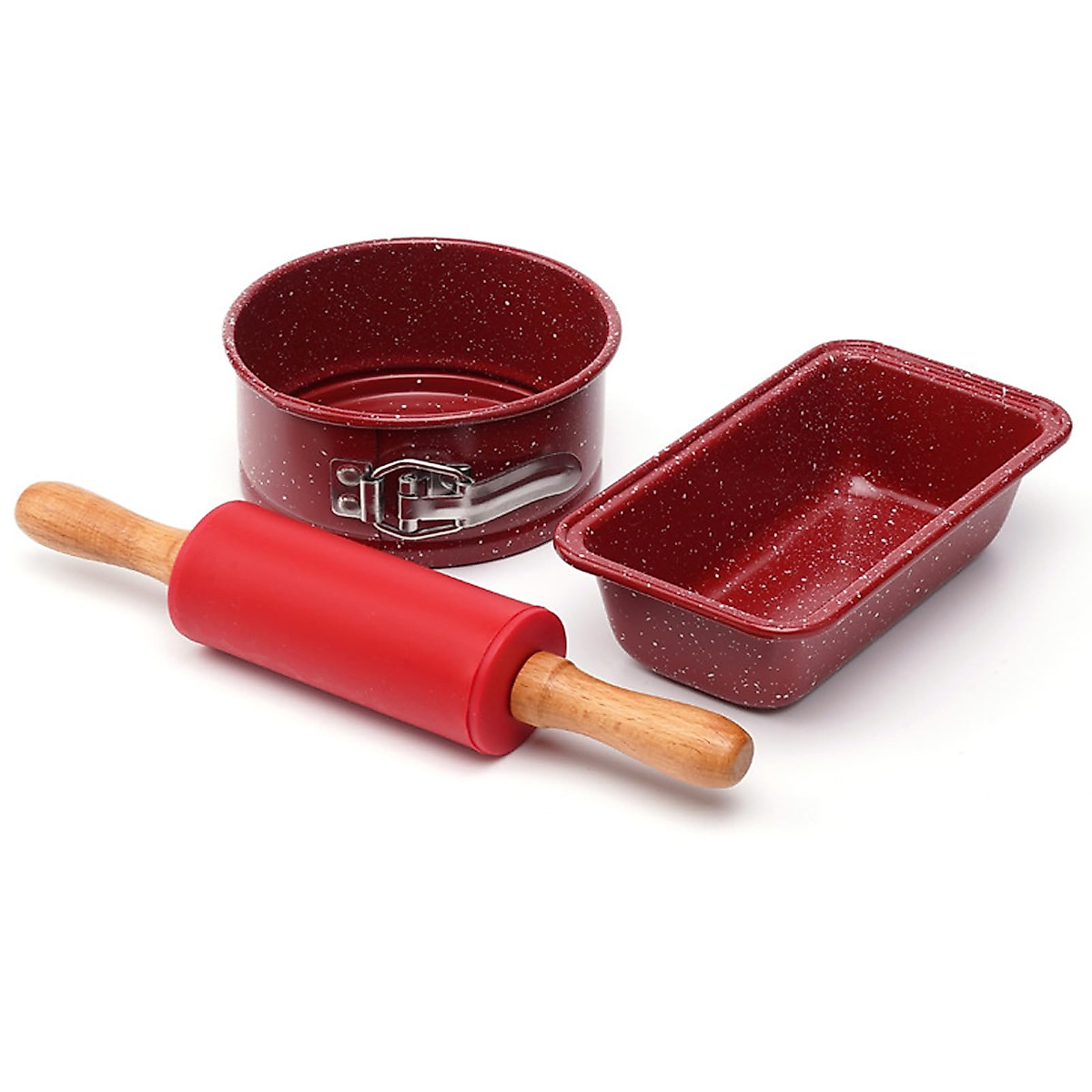 HYTK Nonstick Extra Small Bakeware Sets Baking Learning Tool for Kids Students Include 4Inch Springform Cake Pan, 6Inch Mini Loaf Pan, 9Inch Rolling Pin, BPA Free Cute Personal Portion Control