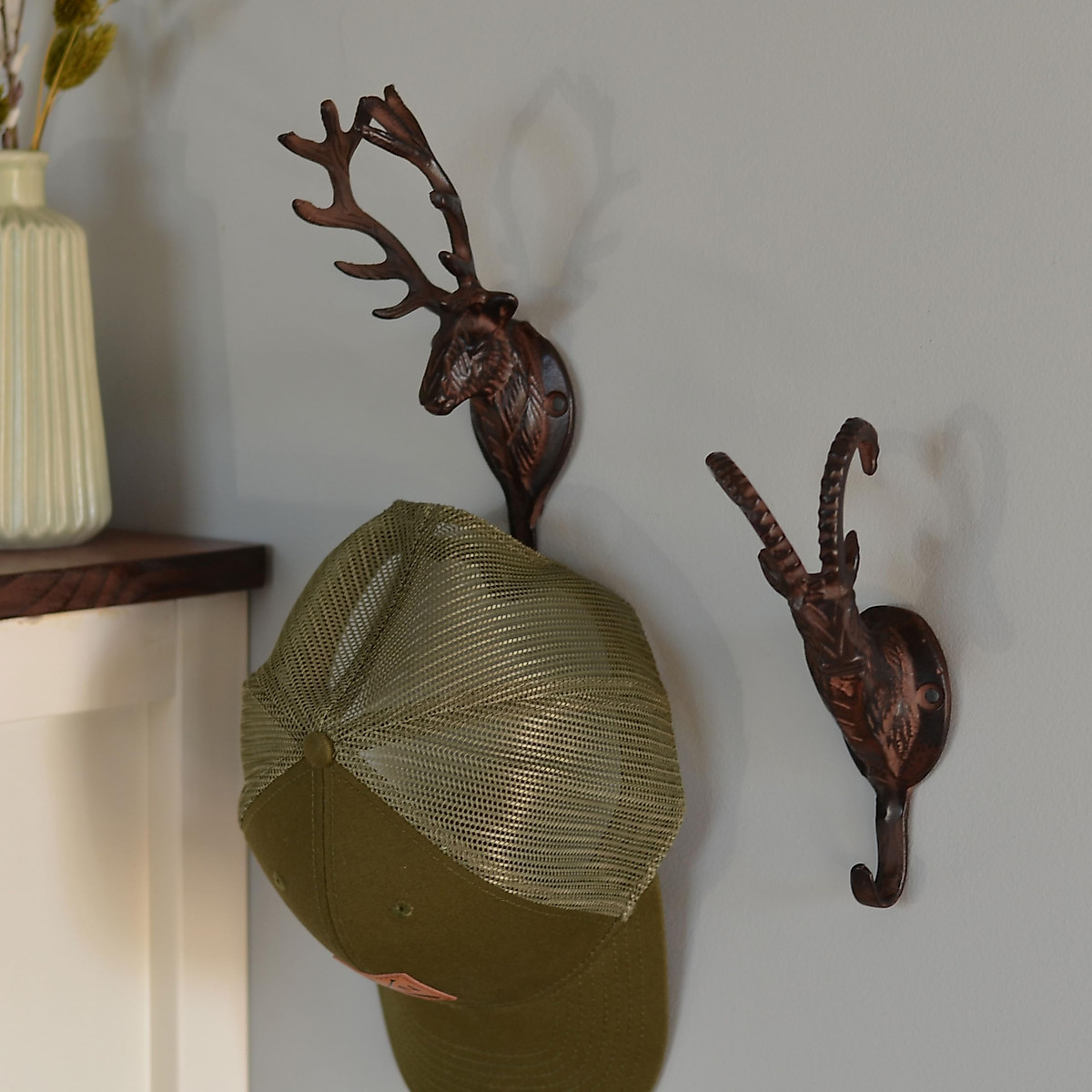 WHW Whole House Worlds Old Forge Stag and Ram Head Wall Hooks, Set of 2, Artisan Crafted, Hand Cast Aluminum, Rustic Brown, 8.25 Inches