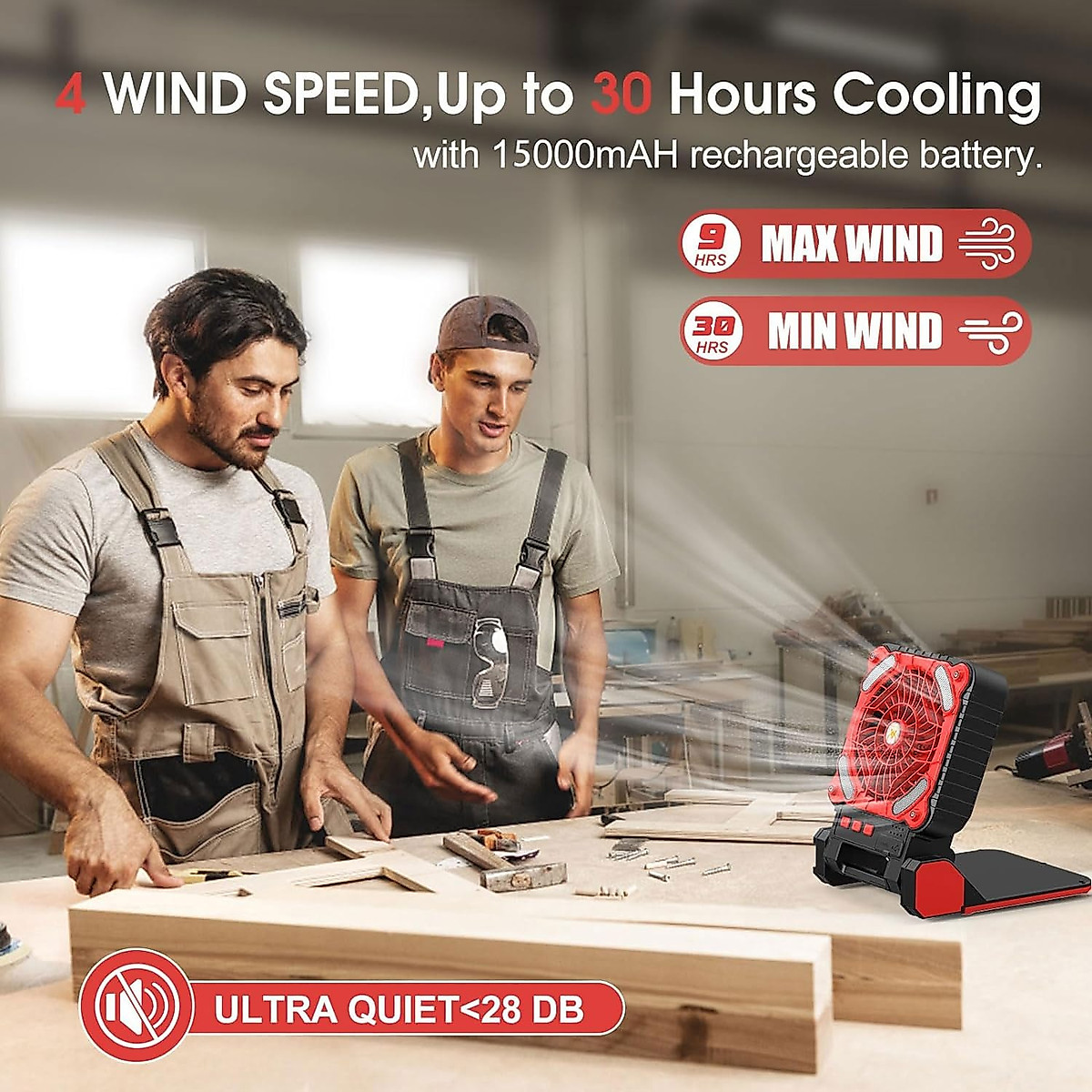 Solar Camping Fan, 15000mAh Outdoor Portable Rechargeable Tent Fan Camping Essentials Personal Cooling Fan Battery Operated with Lights,4 Speed,3 Timers, for Picnic, Hurricane, Fishing, Worksite