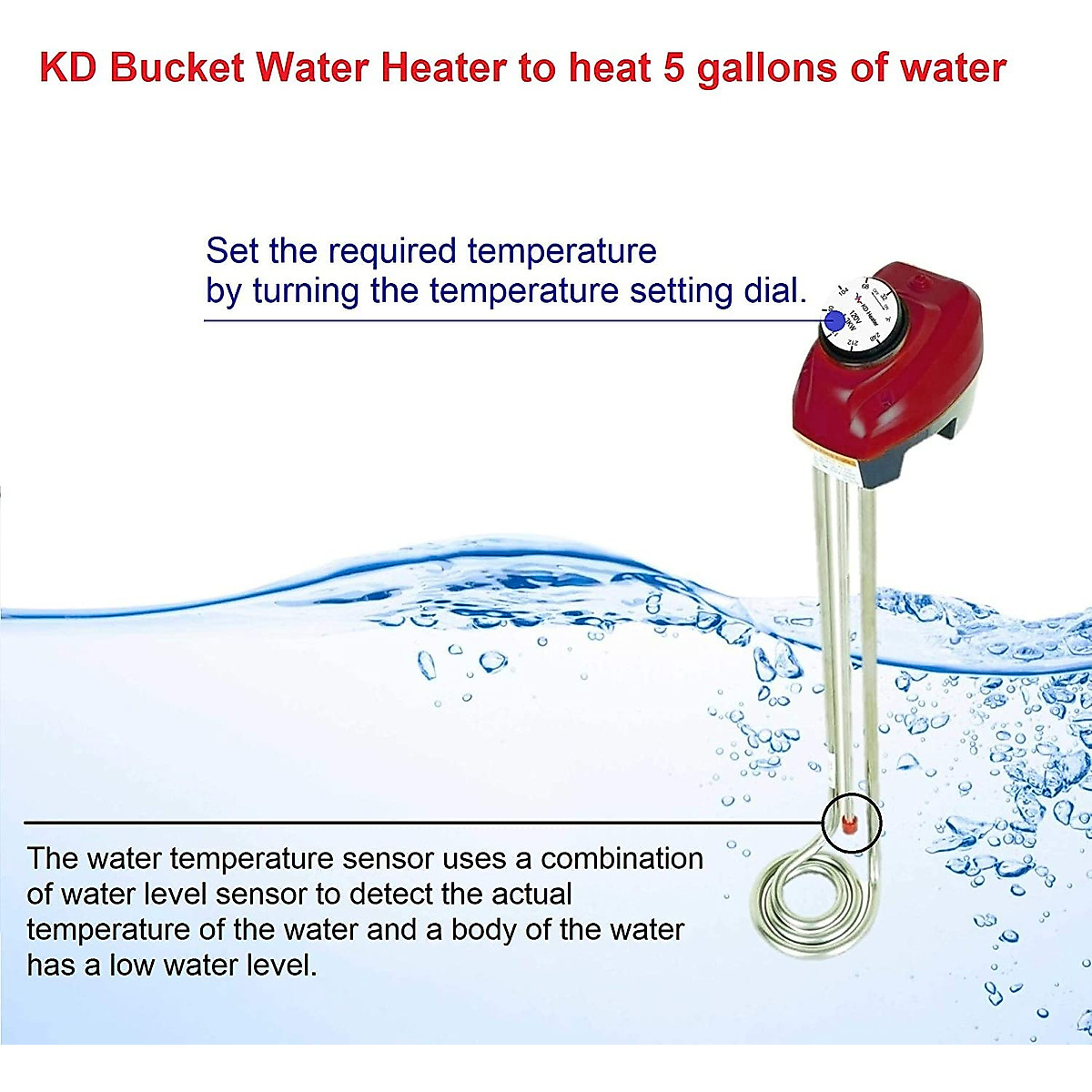 KD 1600W Immersion Bucket Water Heater, Auto Shutoff, Overheating Prevention, Auto Water Level Senor, Adjustable Thermostat, Easy-to-Use (RED / 1600 WATT)