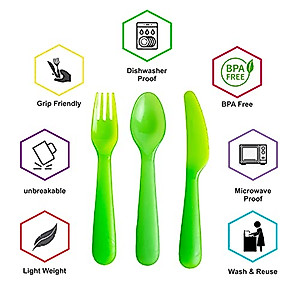 Cuddly Hippo Kids Plastic Dinnerware Set of 18 Multi Color Flatware (Spoons, Forks and Knives) - Reusable, BPA-Free, Dishwasher Safe and Microwaveable