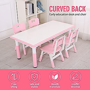 UNICOO - Kids Study Table and Chairs Set, Height Adjustable Plastic Children Art Desk with 4 Seats, Kids Multi Activity Table Set (Kids Table 5 Piece Set - BY-120-WP)