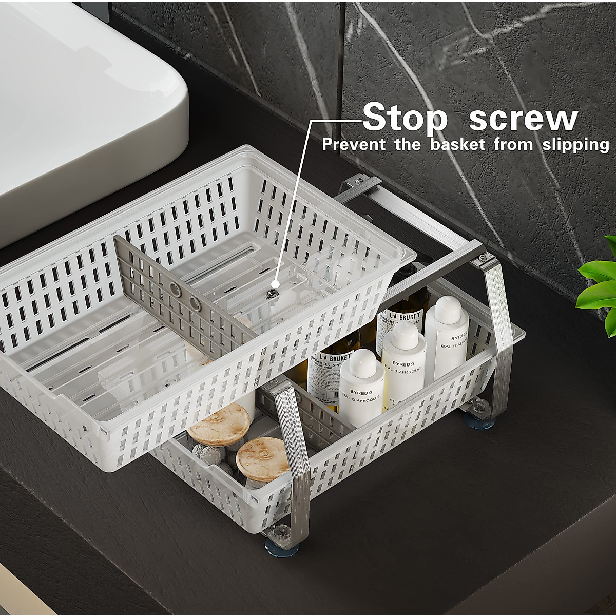 USHARP 2 Tier Clear Organizer with Dividers,Bathroom Organizer Under Sink Rack,Kitchen Pantry Medicine Cabniet Organizer Bins,Multipurpose Slide-Out Storage Container