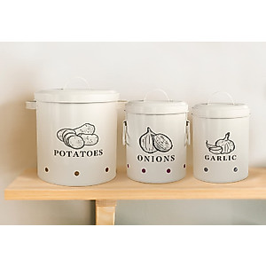 KooK Potato, Onion & Garlic Kitchen Storage Canisters, Rustic Farmhouse Containers with Aerating Holes, Vintage Vegetable Tins, Set of 3, 5 Liter, 2 Liter & 1 Liter (Coconut Cream)