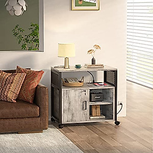 Unikito L Shaped Desk with USB Charging Port and Power Outlet and Office Lateral File Cabinet White Oak