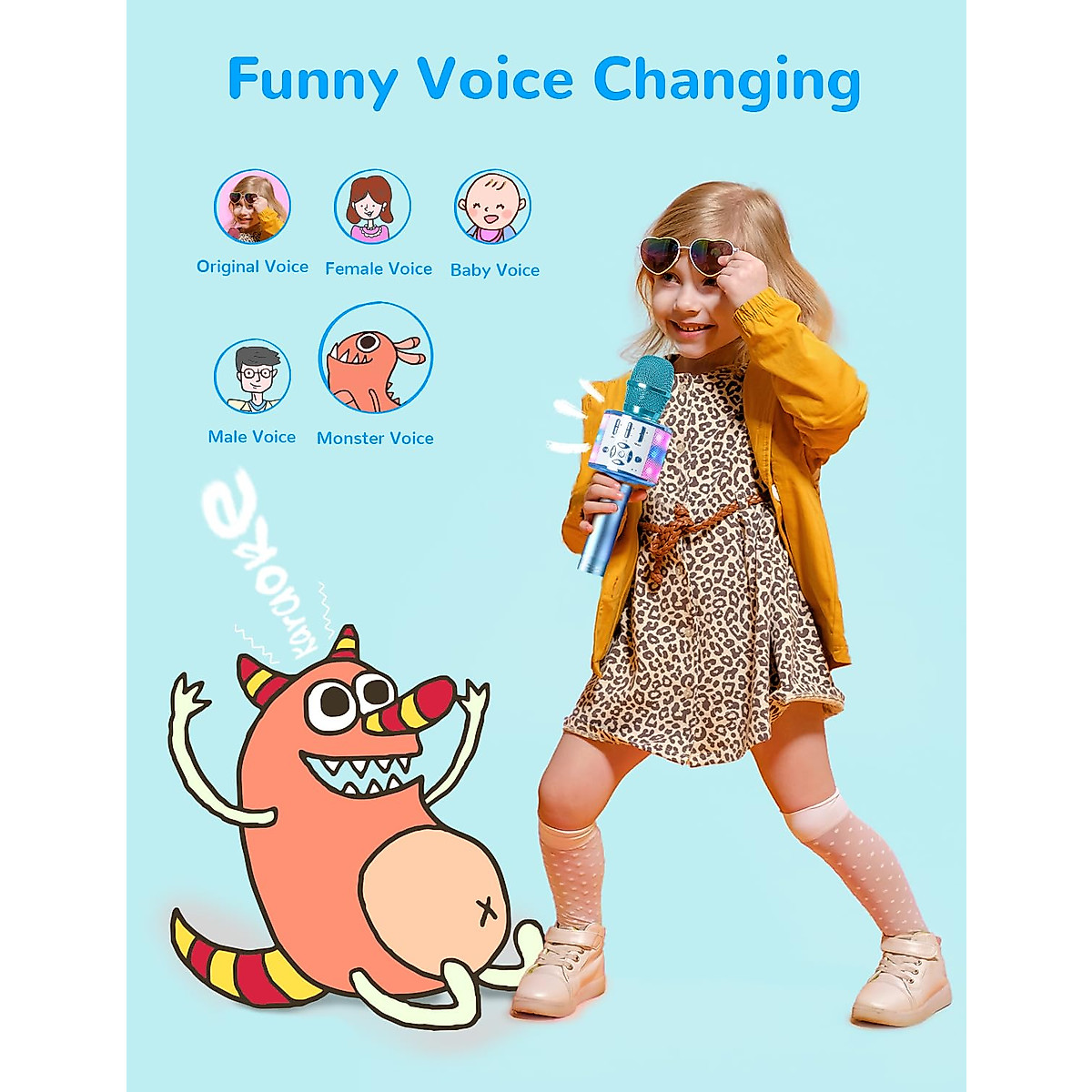 Amazmic Kids Karaoke Microphone Machine Toys for Girls Bluetooth Microphone Portable Karaoke Machine with LED Light, Birthday Gift for Girls Boys 3-12 Year Old Adults Birthday Party, Home KTV(Blue)