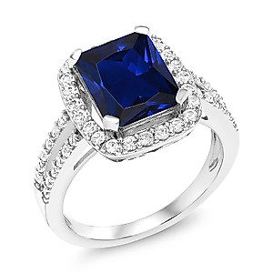Gem Stone King 925 Sterling Silver Blue Simulated Sapphire Engagement Ring For Women (4.58 Cttw, 10X8MM Emerald Cut, Available in size 5, 6, 7, 8, 9)