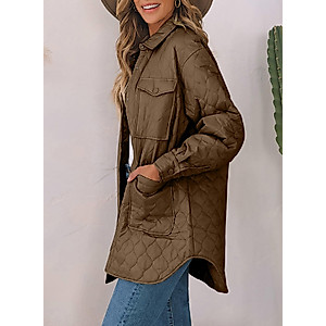 EVALESS Diamond Quilted Jackets for Women Lightweight Collar Long Sleeve Button Down Puffer Jacket Fall 2024 Coat Outerwear with Pockets Brown Medium