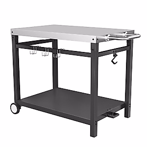 MixRBBQ Outdoor Grill Cart Double-Shelf Movable Cooking Table, New Upgraded Pizza Oven Cart for Outside Kitchen Island Worktable, Foldable Food Prep Cart with 3 Hooks and Side Handle