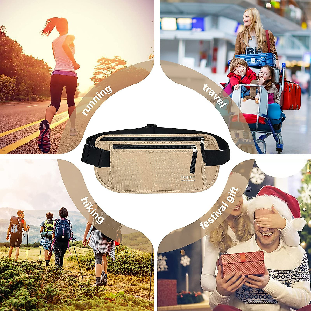 RFID Blocking Money Belt for Men Women, Slim Fanny Pack For Travel，Running,Conceal Waist Wallet For Passport Holder,Phone,Cash(Black Beige), Black Beige