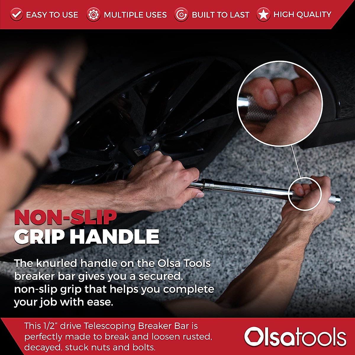 Olsa Tools Extendable Breaker Bar, 1/2-Inch Drive, 16" - 24" Length | Locking Extending Breaker Bar | 220 Degree Flex Head Cheater Bar | Great for Wheels, and Lug Nuts