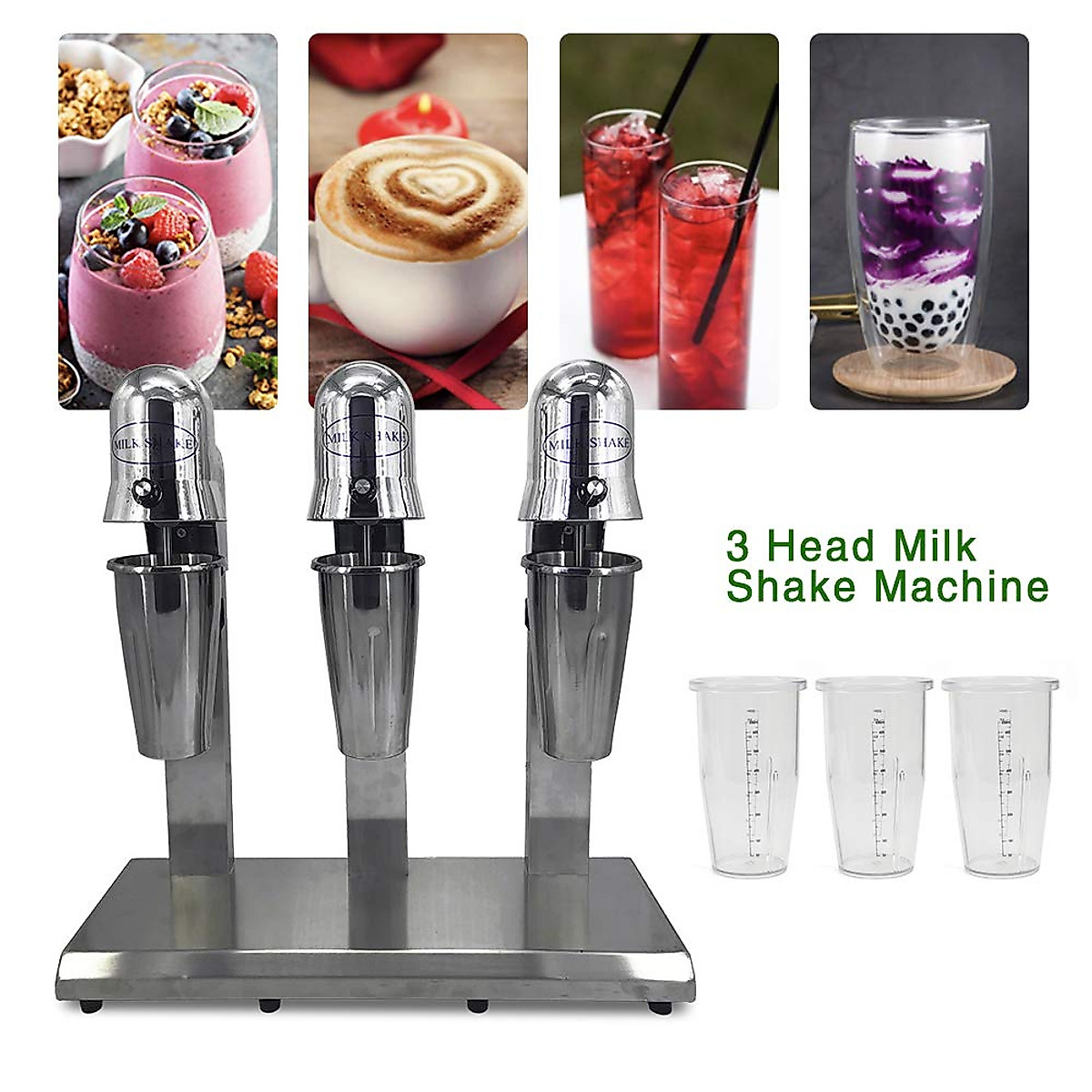 3 Head Milkshake Maker, 18000RPM Electric Milkshake Mixer, Commercial Milk Shake Blender Machine with 3x800ml Cup, Beverage Frother Mixer for Tea Milk Juice Portein Shakes