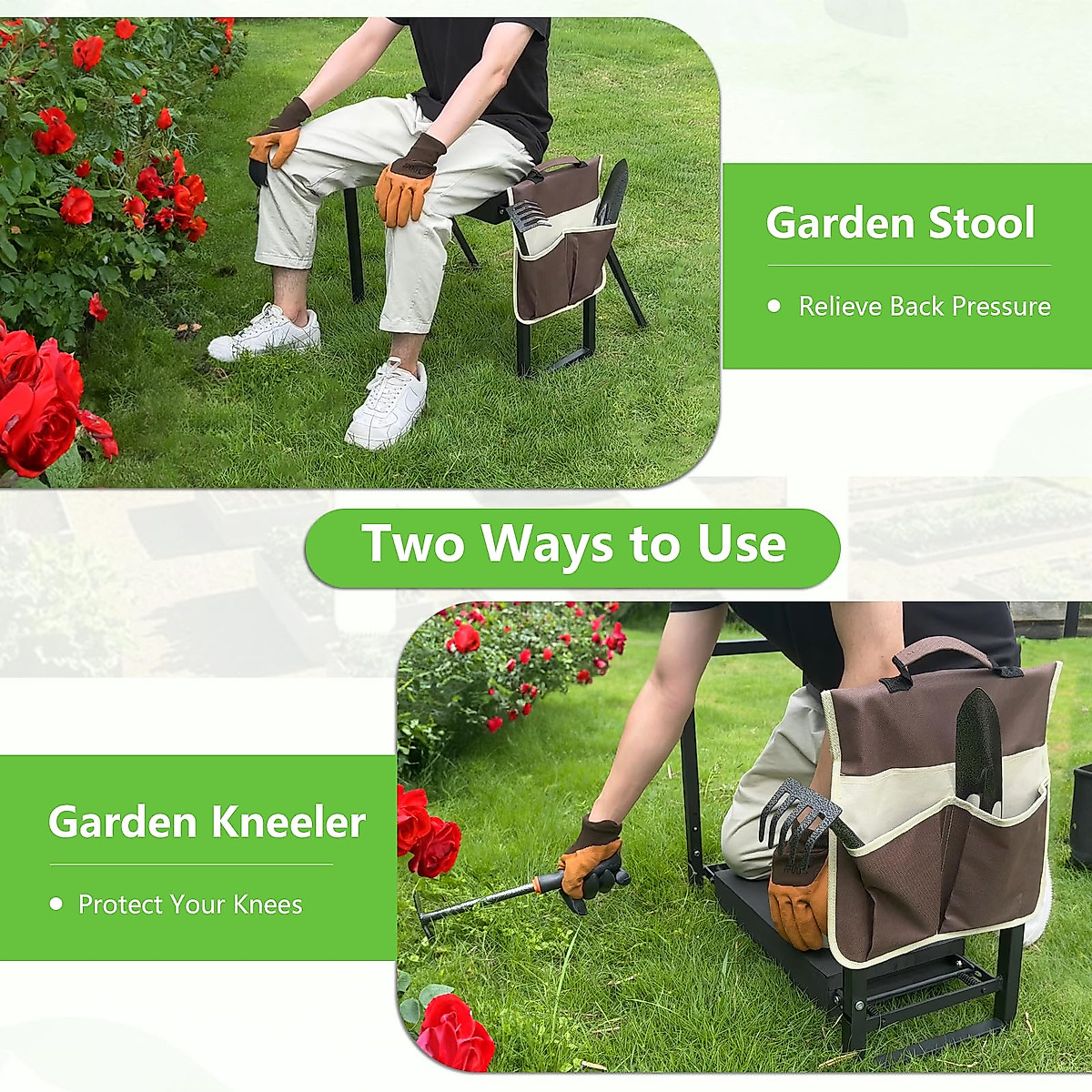 seasky Foldable Garden Kneeling and Seat,Anti-Tipping Garden Stool Widened Thick Soft Kneeling Pad, Heavy Duty Gardening Stool with Garden Tool Bag,Gardening Gift