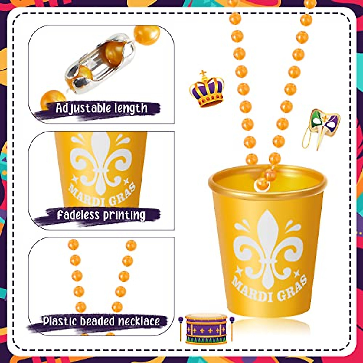 24 Pieces Mardi Gras Shot Glass on Beaded Necklace Mardi Gras Plastic Cups Fun Shot Glasses for Mardi Gras Party Supplies, 3 Styles
